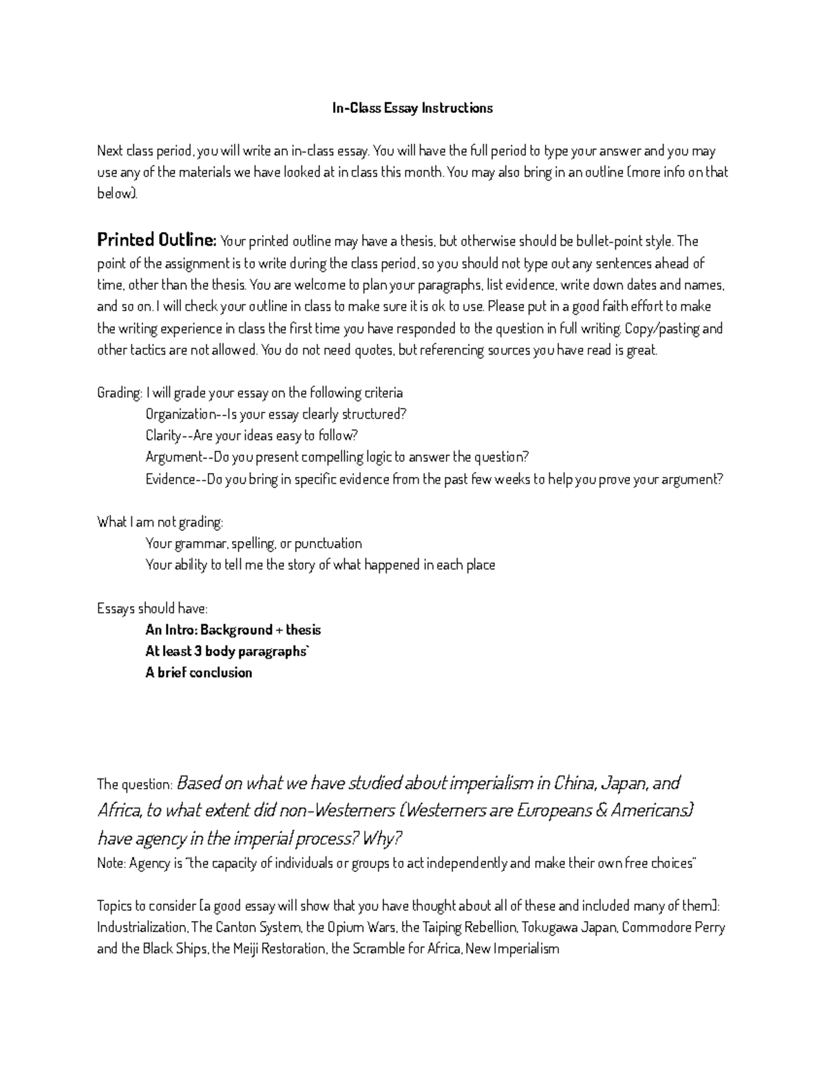 Imperialism In-Class Essay - In-Class Essay Instructions Next class ...