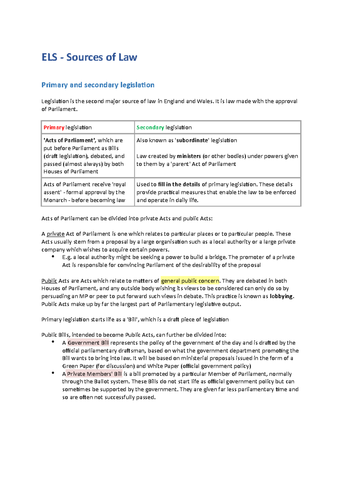 Prepare 2 - Lecture 2 notes for Public Law I - ELS - Sources of Law ...