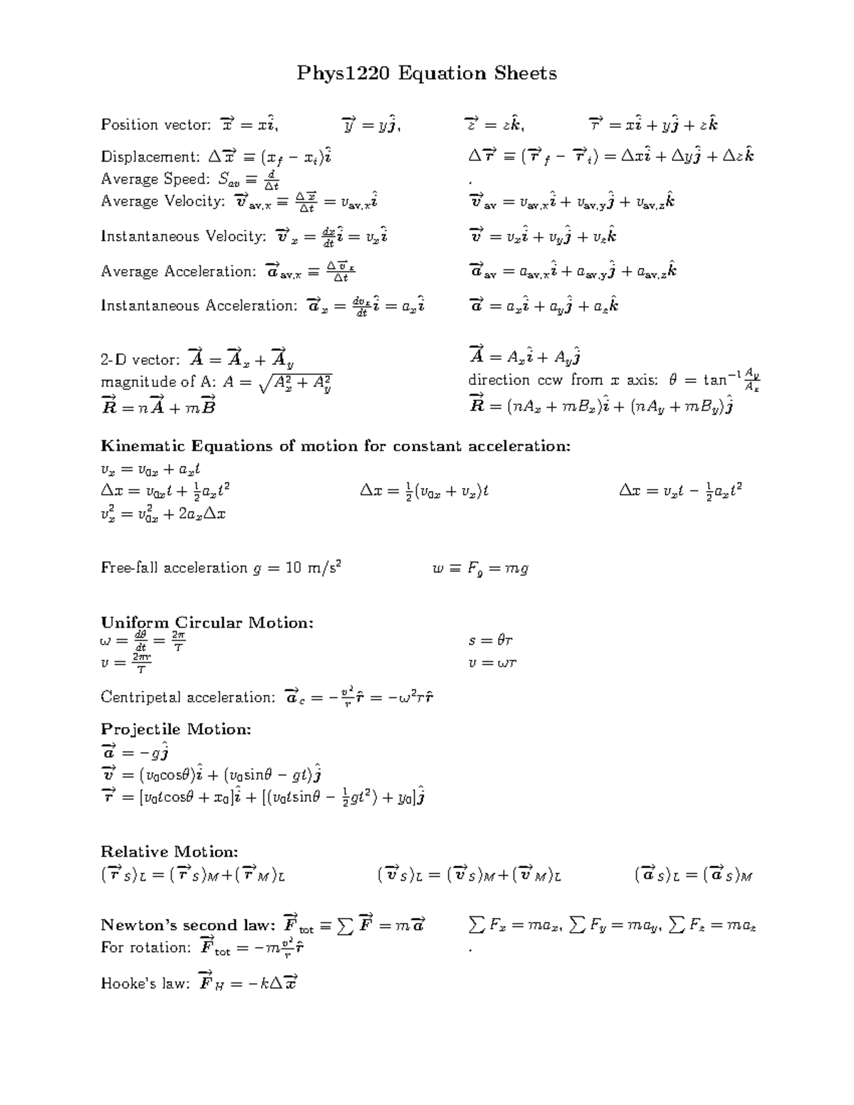 Phys1220 Eqs-1 - Phys1220 Equation Sheets Position vector: −→ x = x ˆ i ...