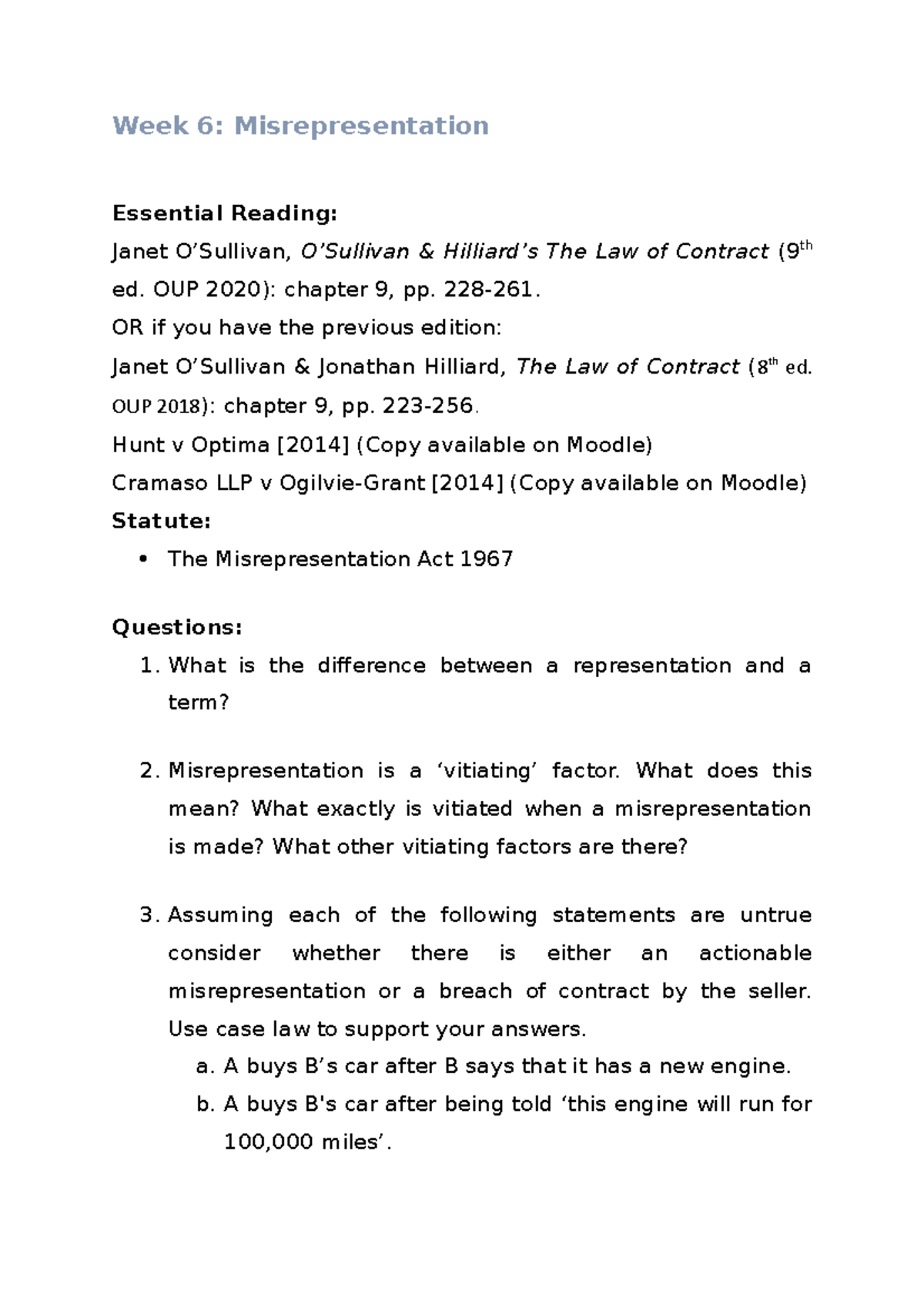 LW650 Seminar questions Week 6 2021 - Week 6: Misrepresentation ...