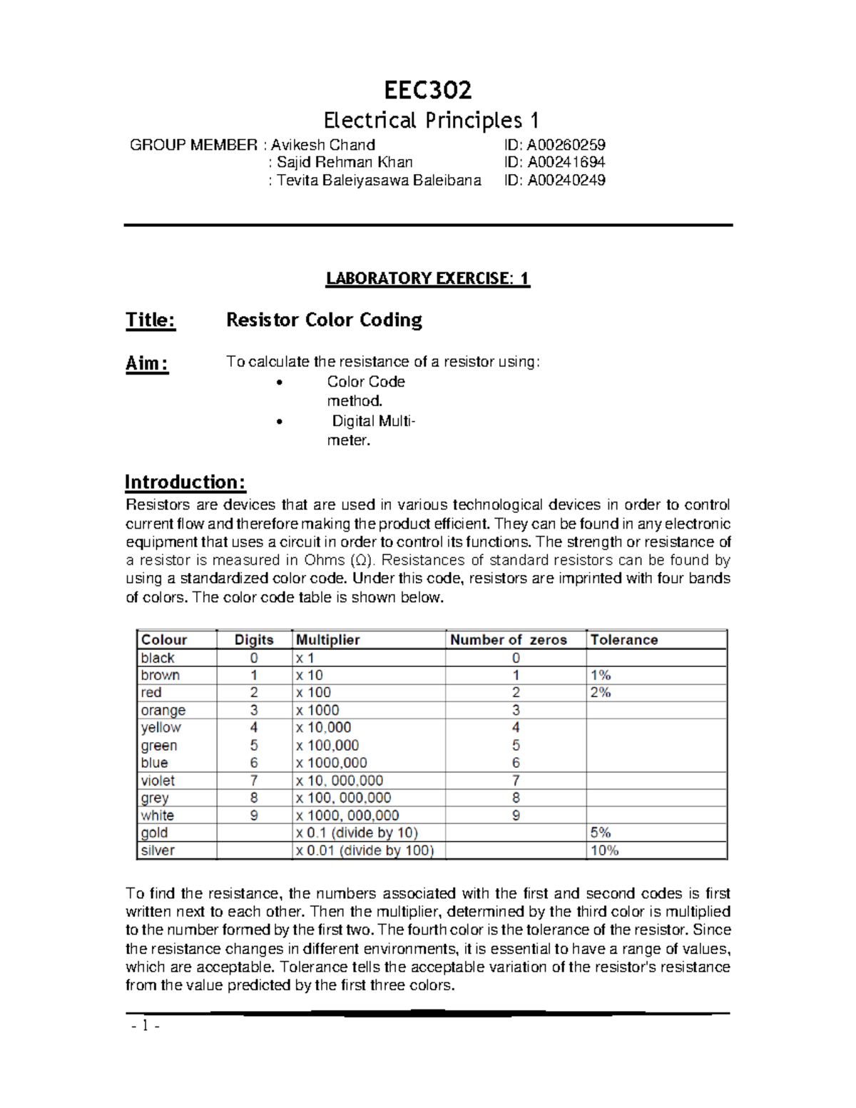Lab 1 - Resistor Color Coding - EEC Electrical Principles 1 GROUP ...