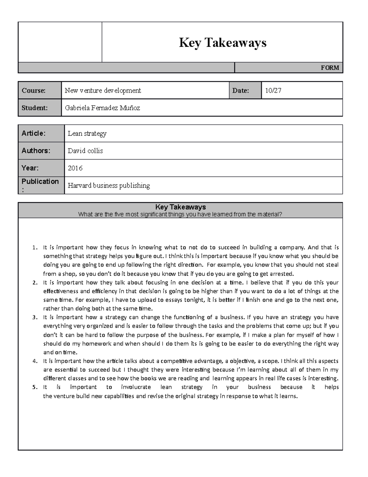 BUS 423 - Key Takeaways - Form - Key Takeaways FORM Course: New venture ...