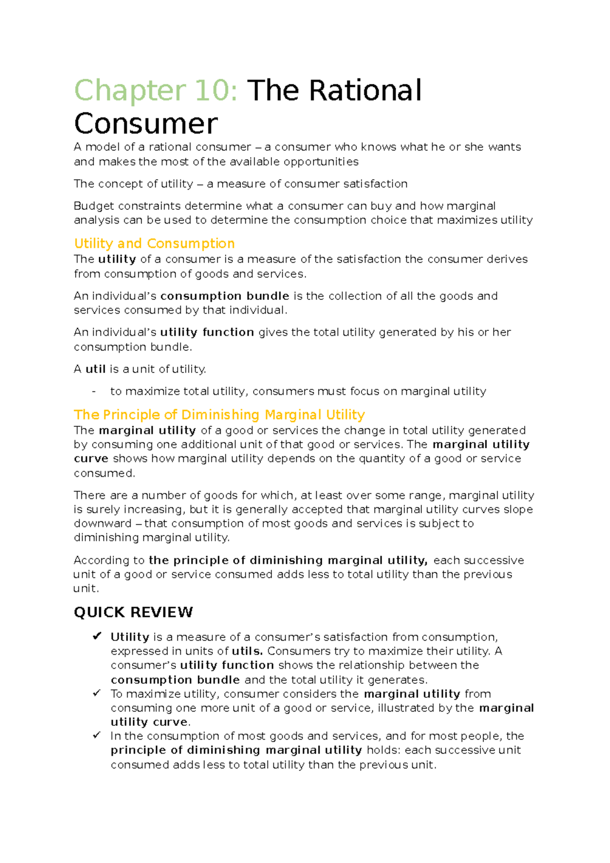Chapter 10 - Economics - Chapter 10: The Rational Consumer A model of a ...