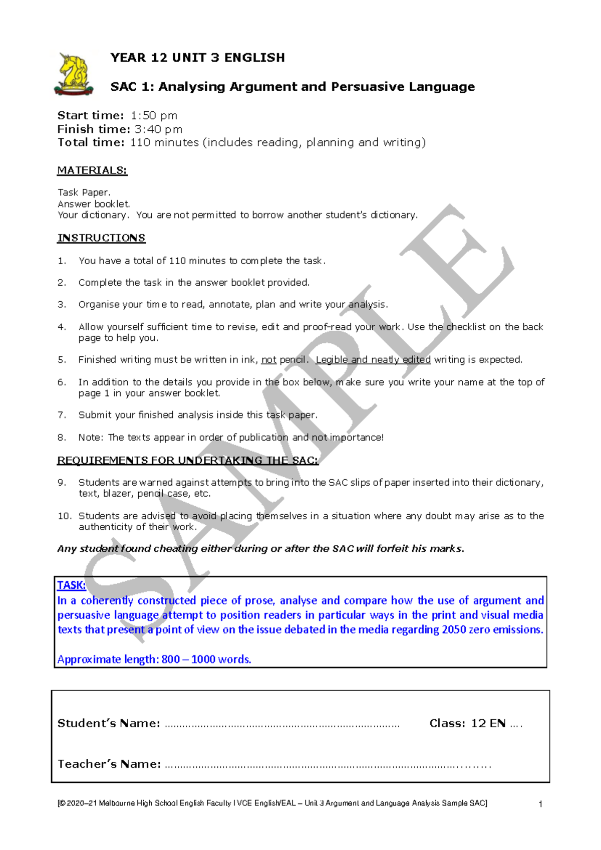 Argument Analysis SAC Sample 3 - YEAR 12 UNIT 3 ENGLISH SAC 1 ...