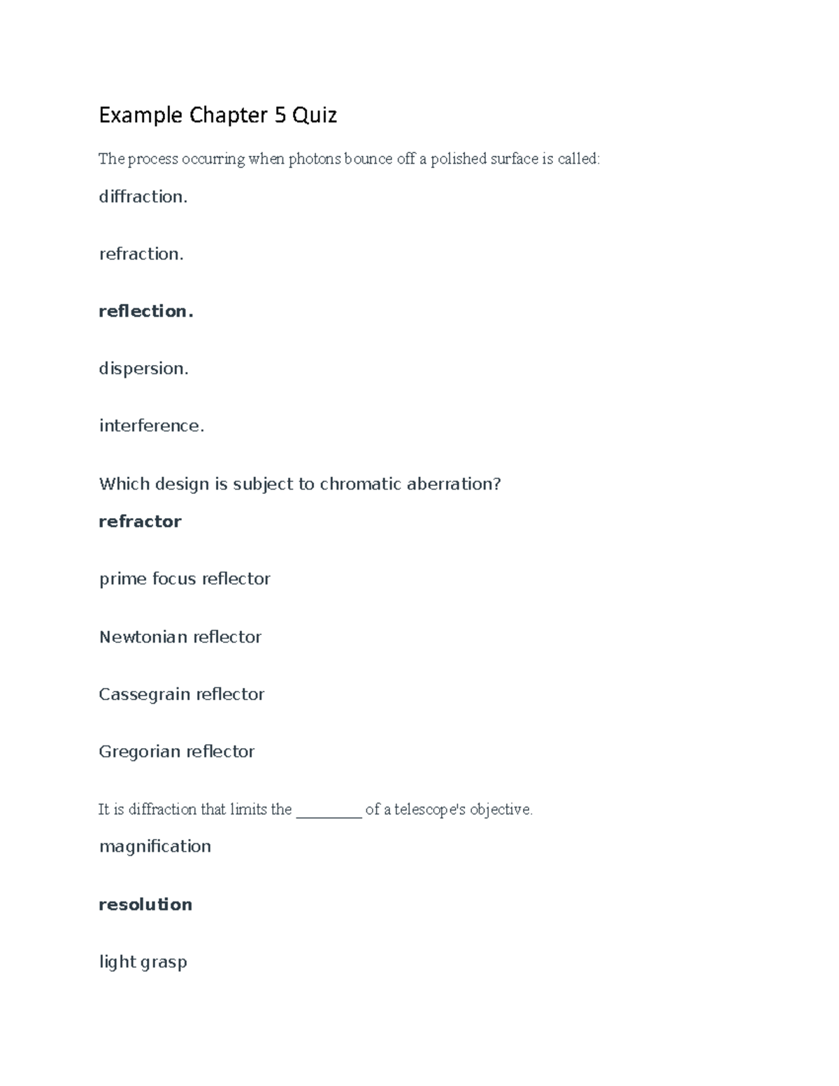 Example Quiz for chapter 5 - Example Chapter 5 Quiz The process ...