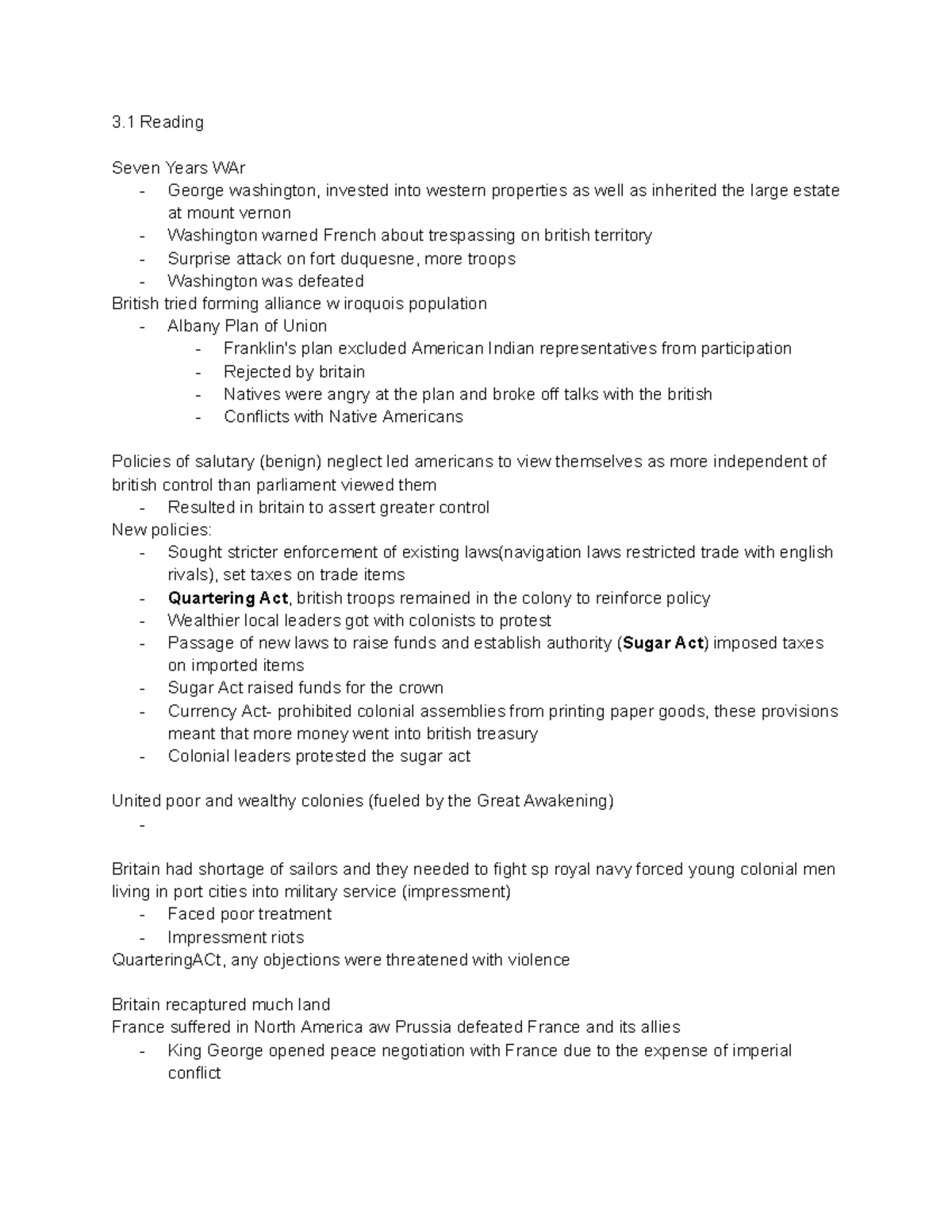 Apush Ch. 3 Notes - 3 Reading Seven Years WAr - George washington ...