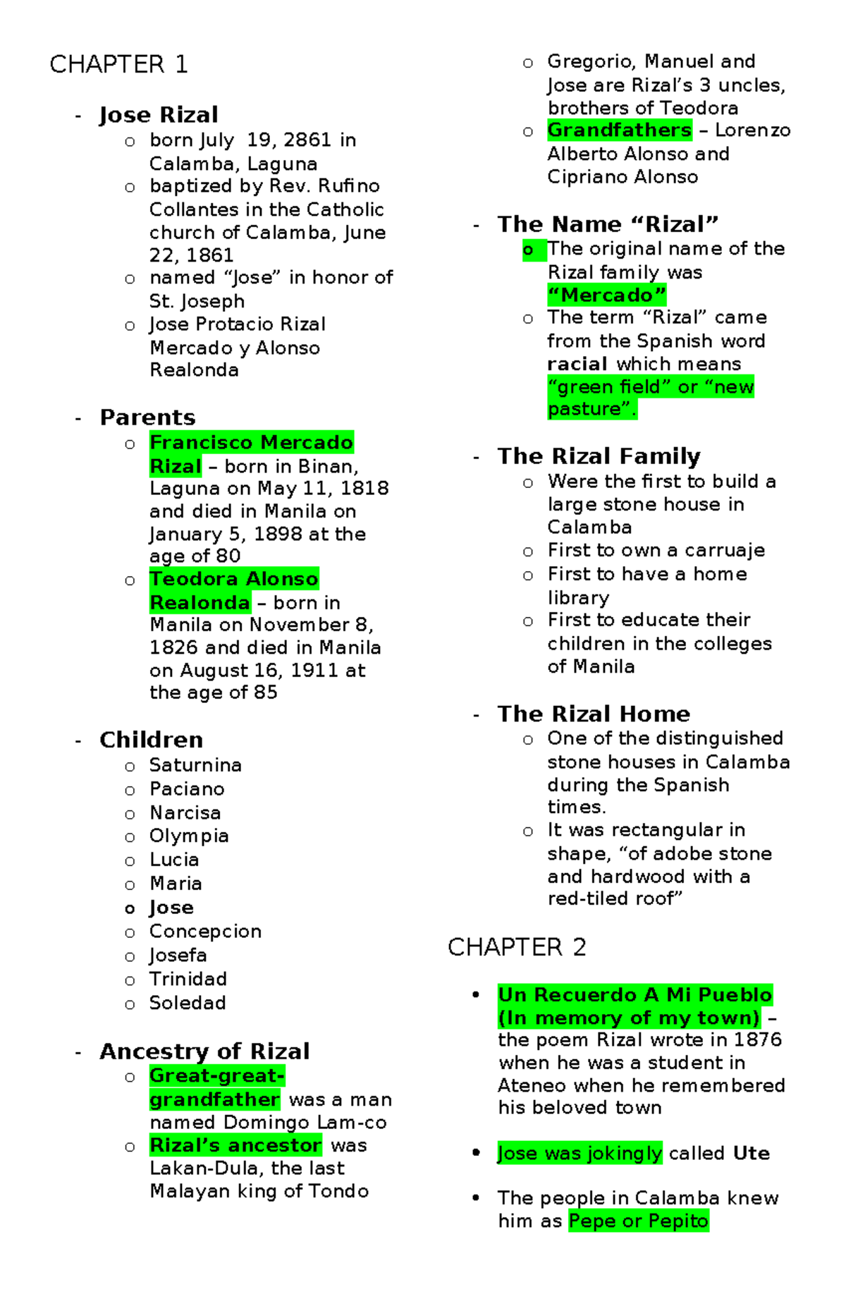 Rizal-Reviewer-docx - CHAPTER 1 - Jose Rizal o born July 19, 2861 in ...