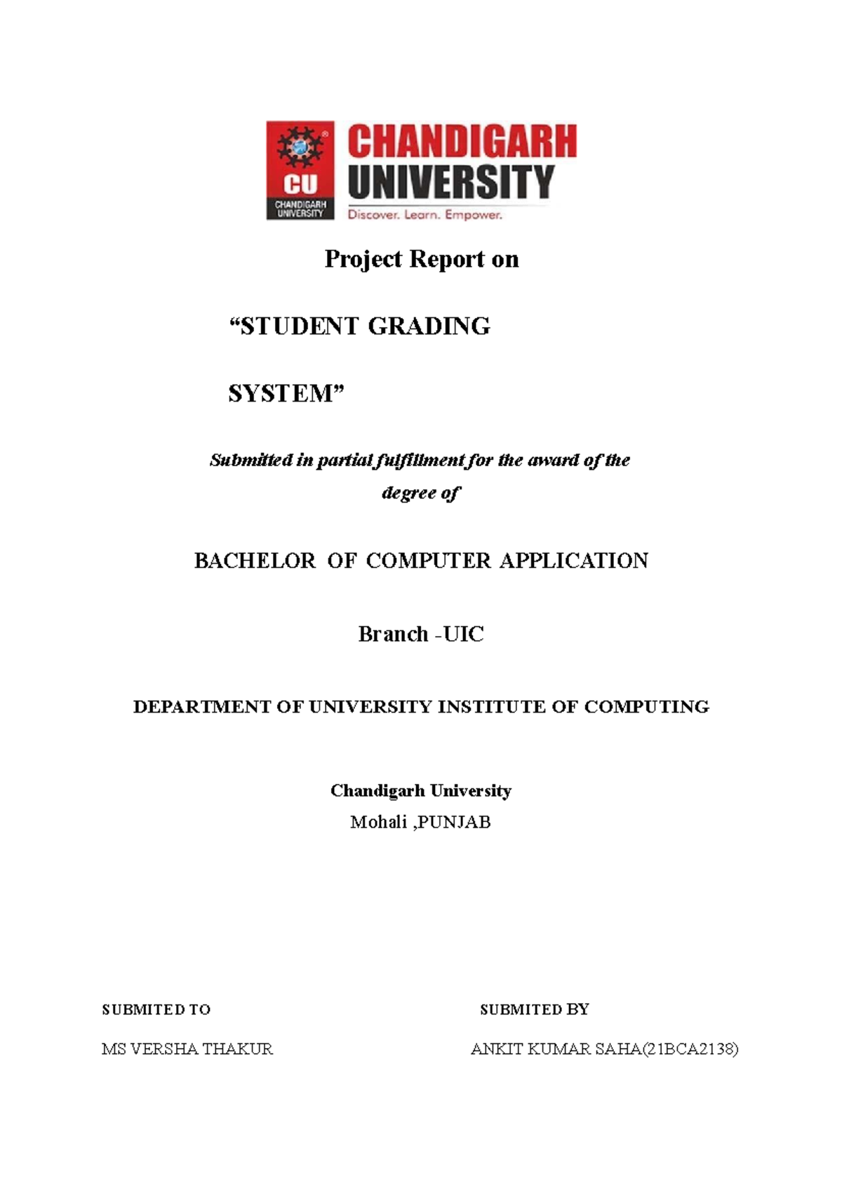 21BCA2138 Ankit Kumar Saha final - Project Report on “STUDENT GRADING ...