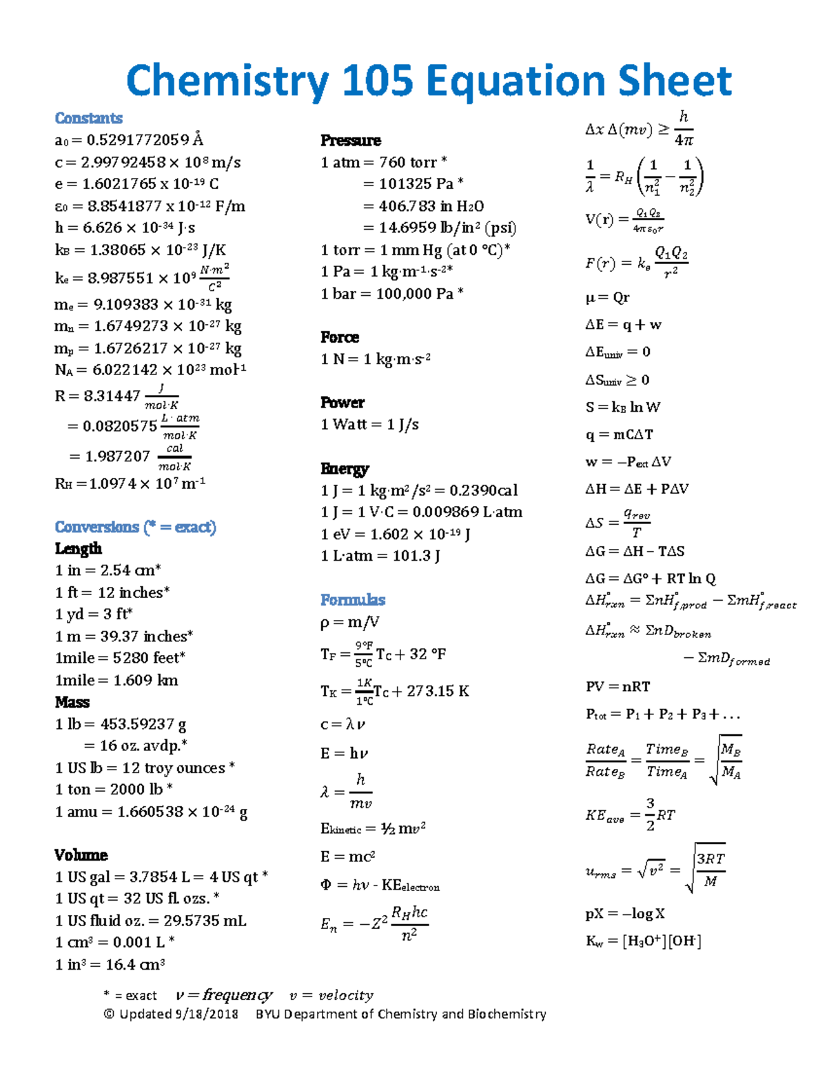 Chem 105 106 Equation Sheet Fall 2018 Warning TT Undefined Function 