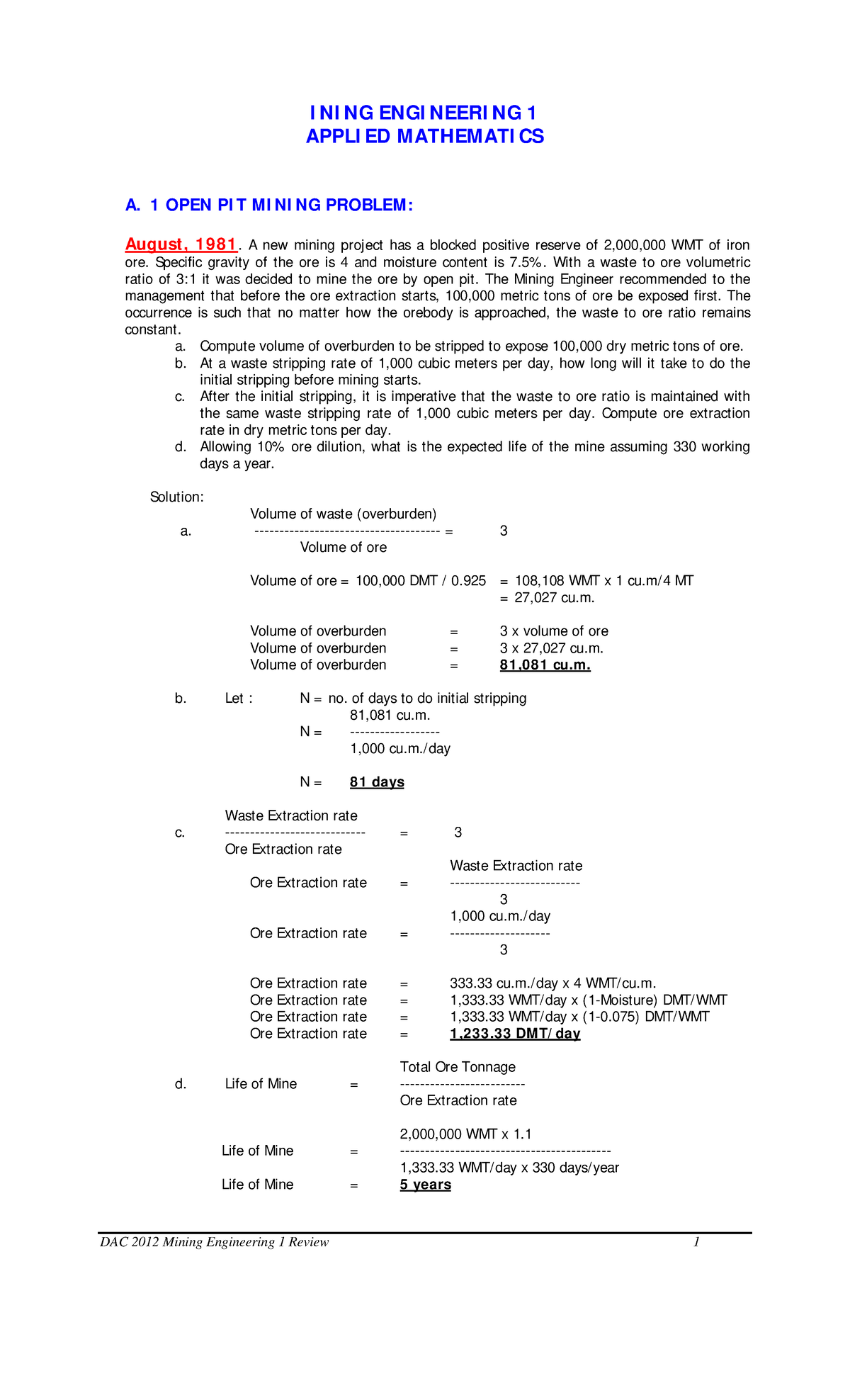 Mining Engineering 1 Applied Mathematics Solutions - I NI NG ENGI NEERI ...