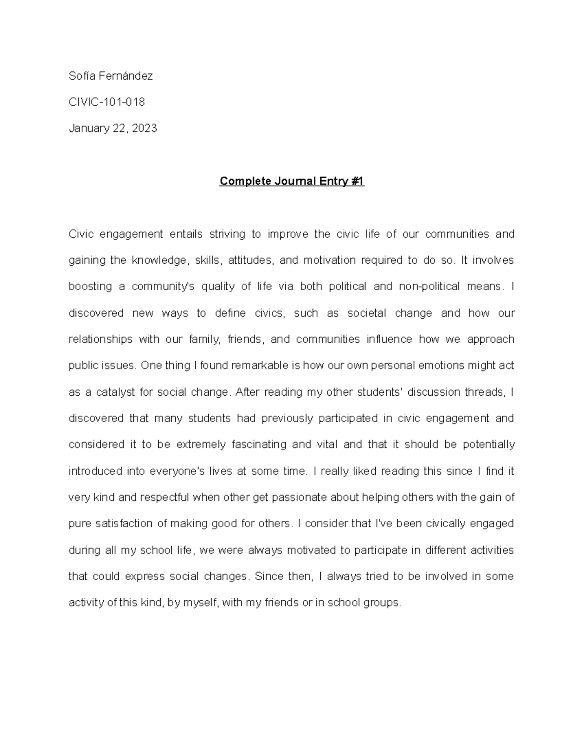 Complete Journal Entry #1 - Sofía Fernández CIVIC-101- January 22, 2023 ...