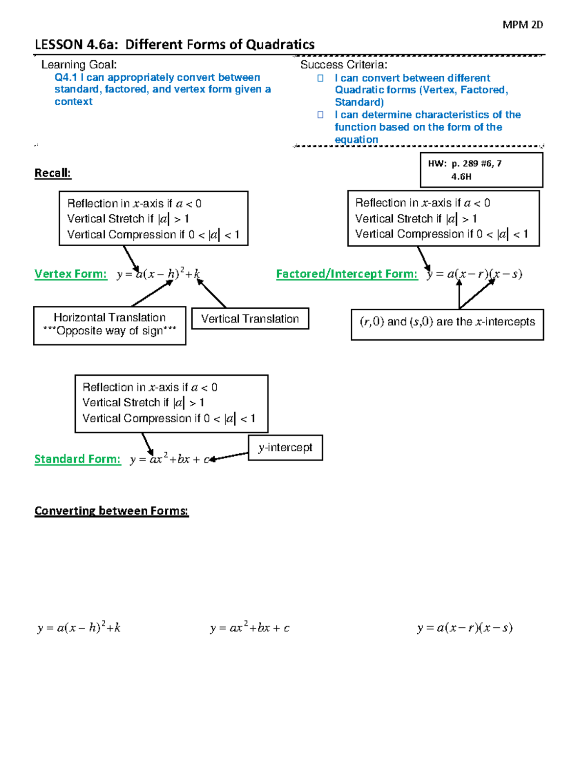 4.6a - Different Forms of Quadratics - MPM 2D LESSON 4: Different Forms ...