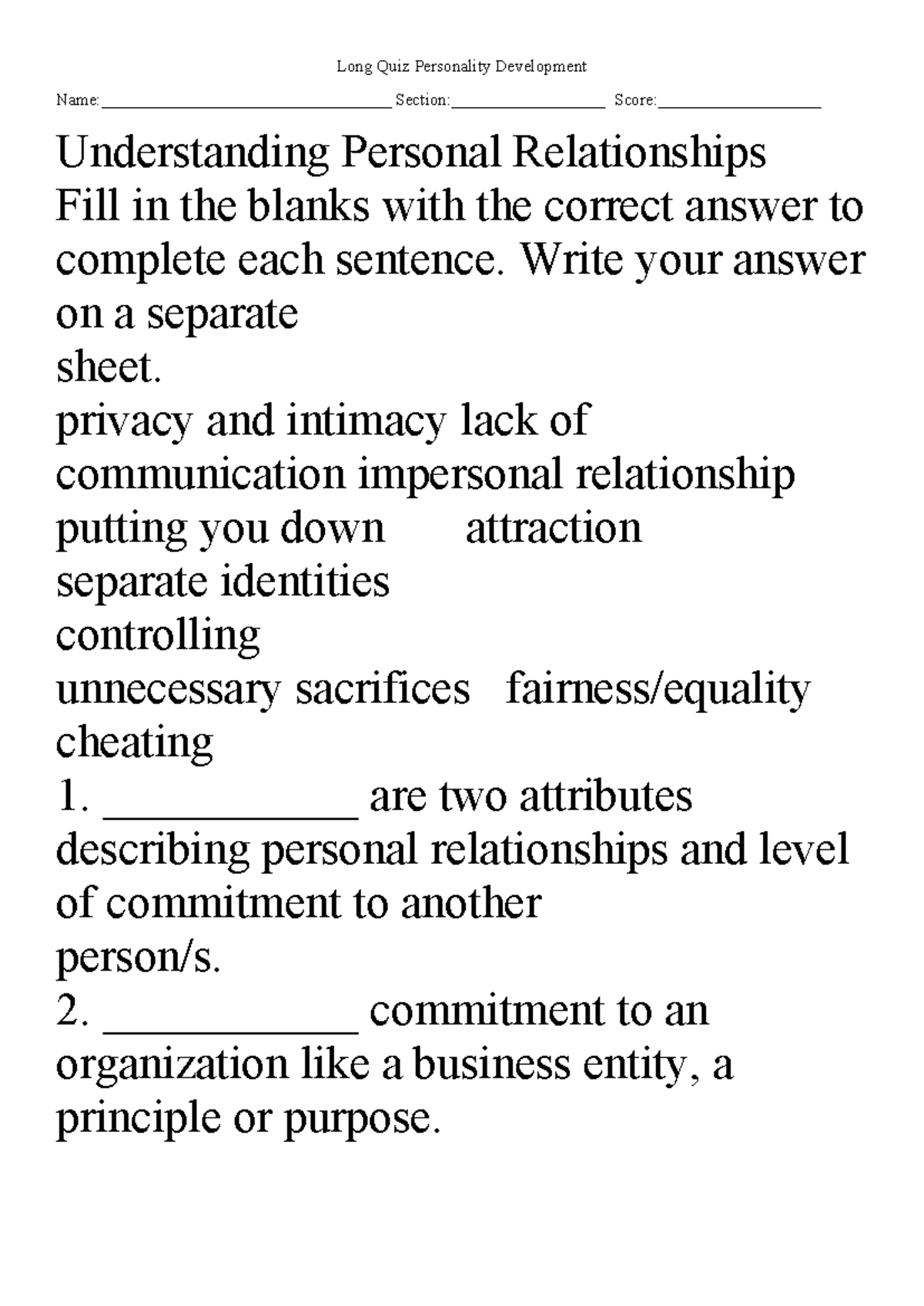 Long Quiz Personality Development - Long Quiz Personality Development ...