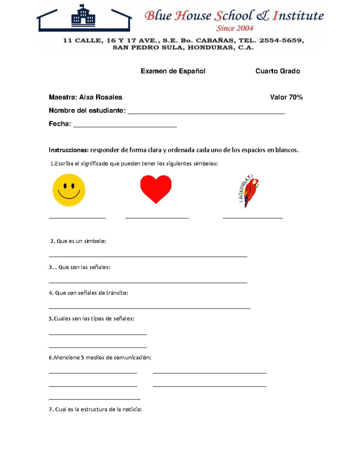 Examenes III Parcial - Examen de Español Cuarto Grado Maestra: Aixa ...