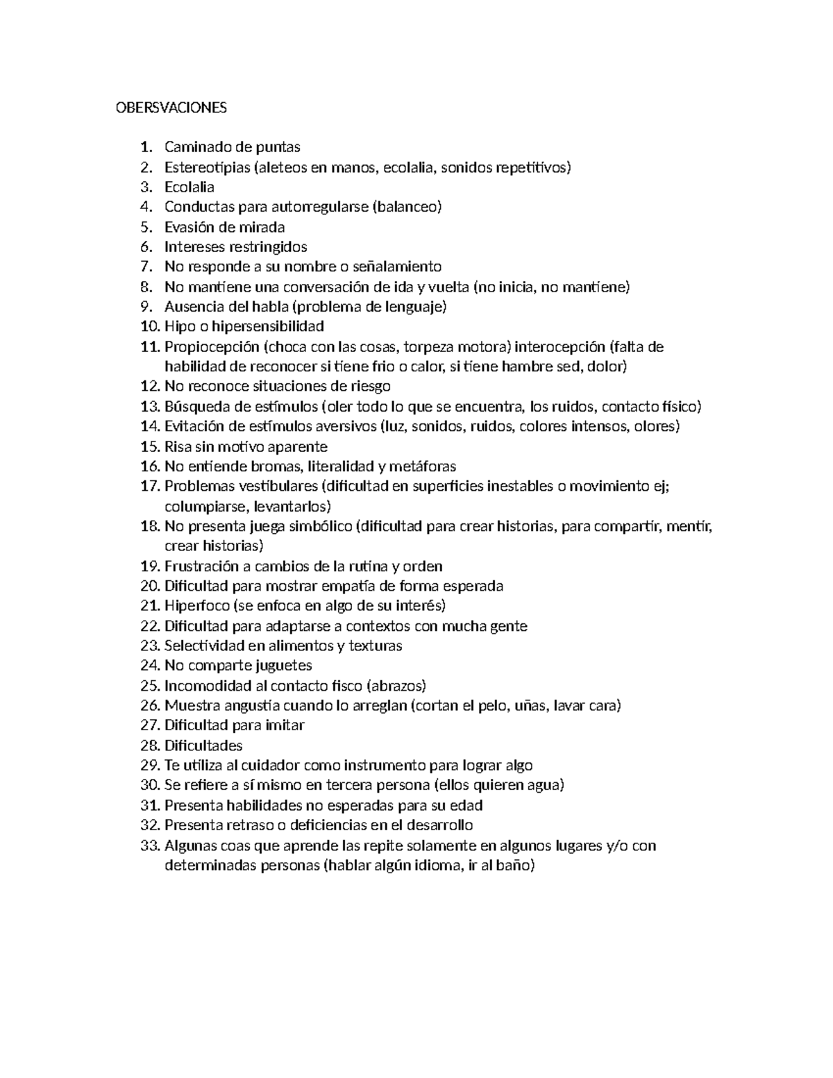 Obersvaciones Clinicas Niños TEA - OBERSVACIONES Caminado de puntas ...