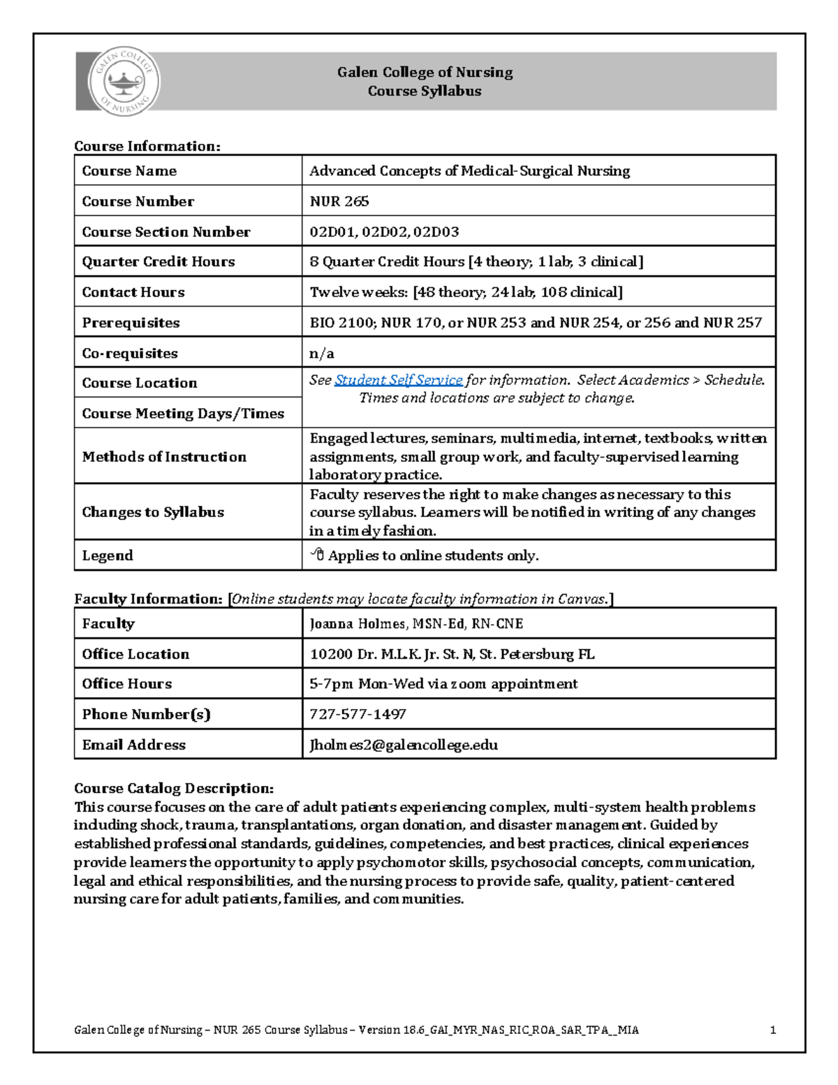 NUR 265 Syllabus Version 18-6 Summer 2024 J Holmes - Galen College of ...