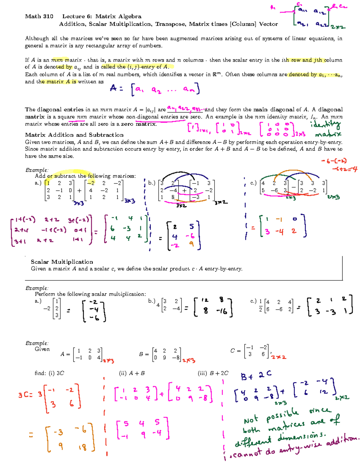 Math 310 Lecture 6 Solution - Math 310 Lecture 6: Matrix Algebra ...
