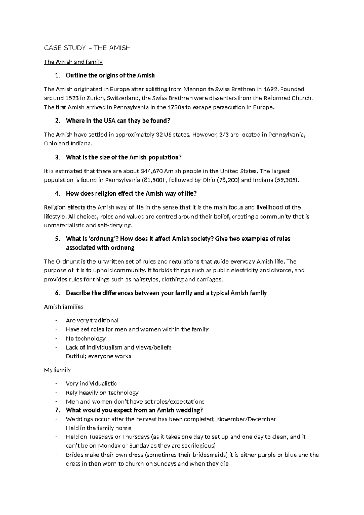 CASE Study - CASE STUDY – THE AMISH The Amish and family 1. Outline the ...