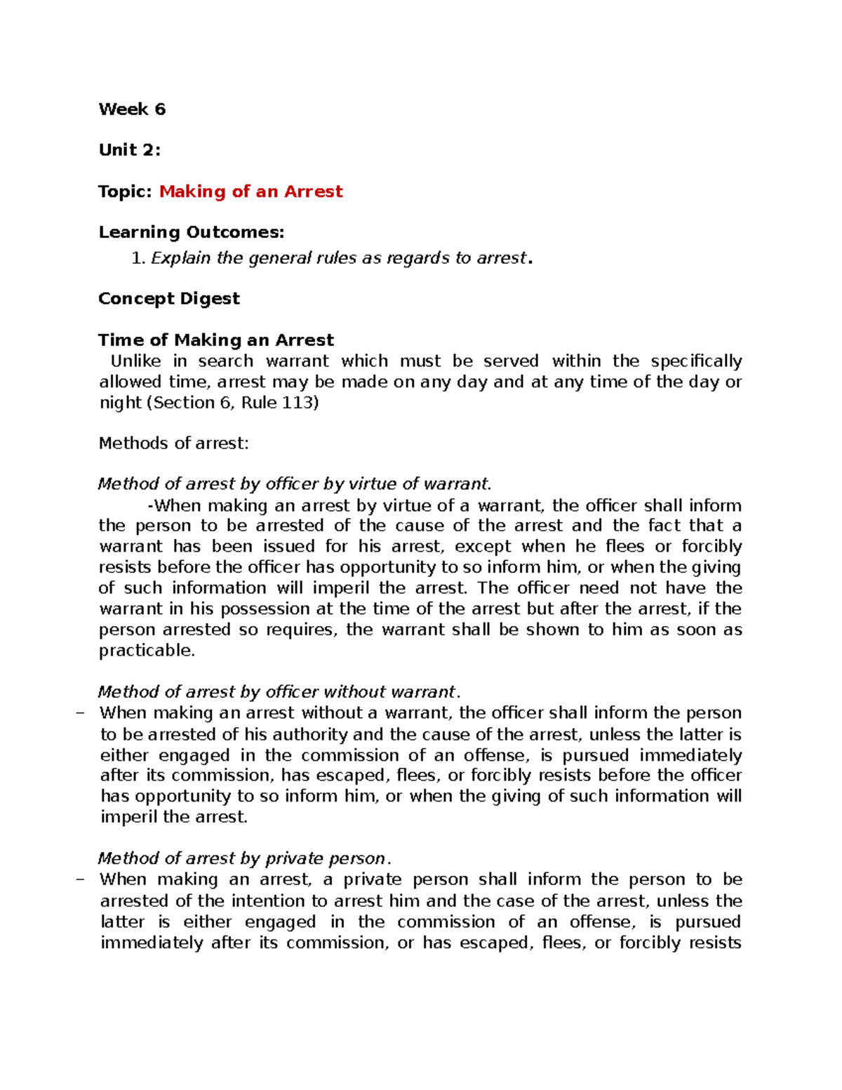 Week 6 Making of an Arrest - Week 6 Unit 2: Topic: Making of an Arrest ...