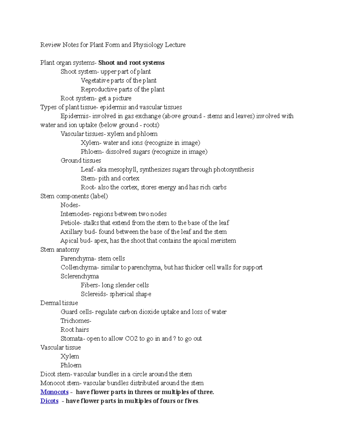 Unit 2 Plant form and Physiology review - Review Notes for Plant Form ...