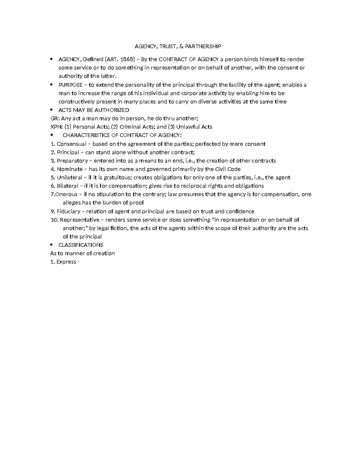 ATP Notes - AGENCY, TRUST, & PARTNERSHIP AGENCY, Defined (ART. 1868 ...