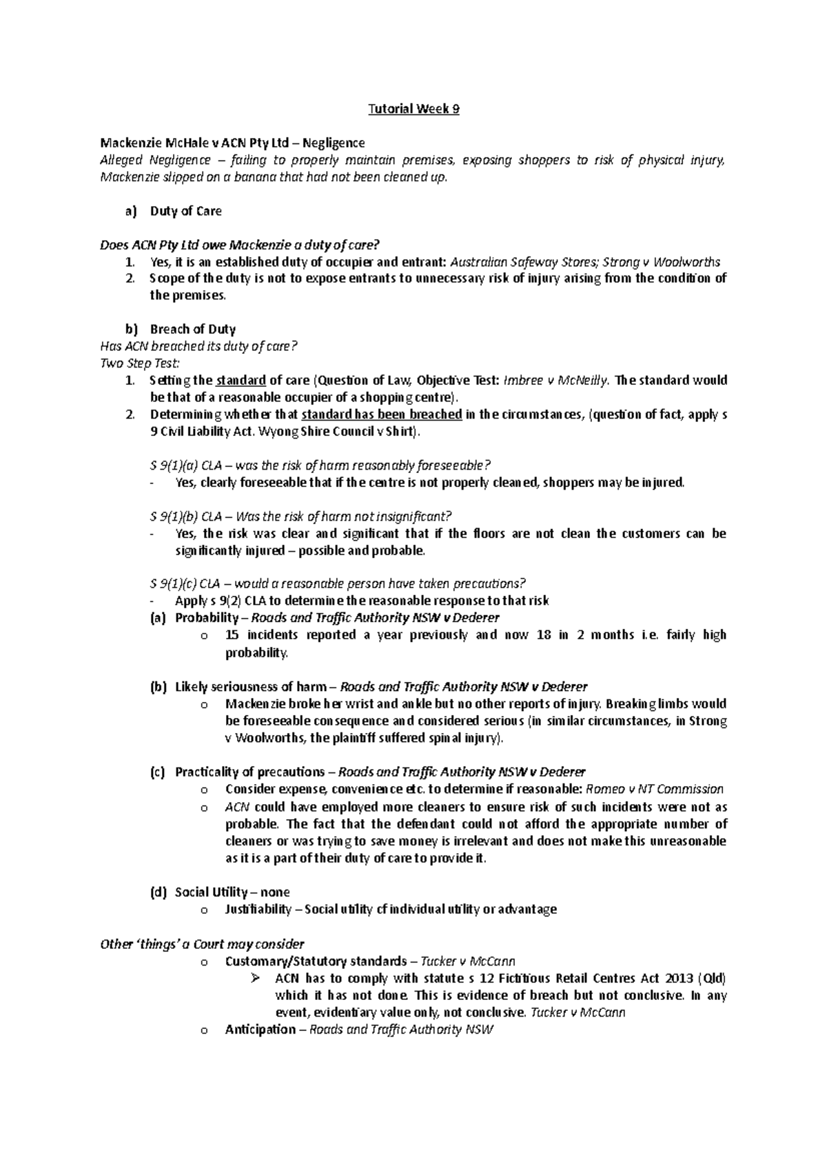 Tutorial week 9 - Tutorial Week 9 Mackenzie McHale v ACN Pty Ltd ...