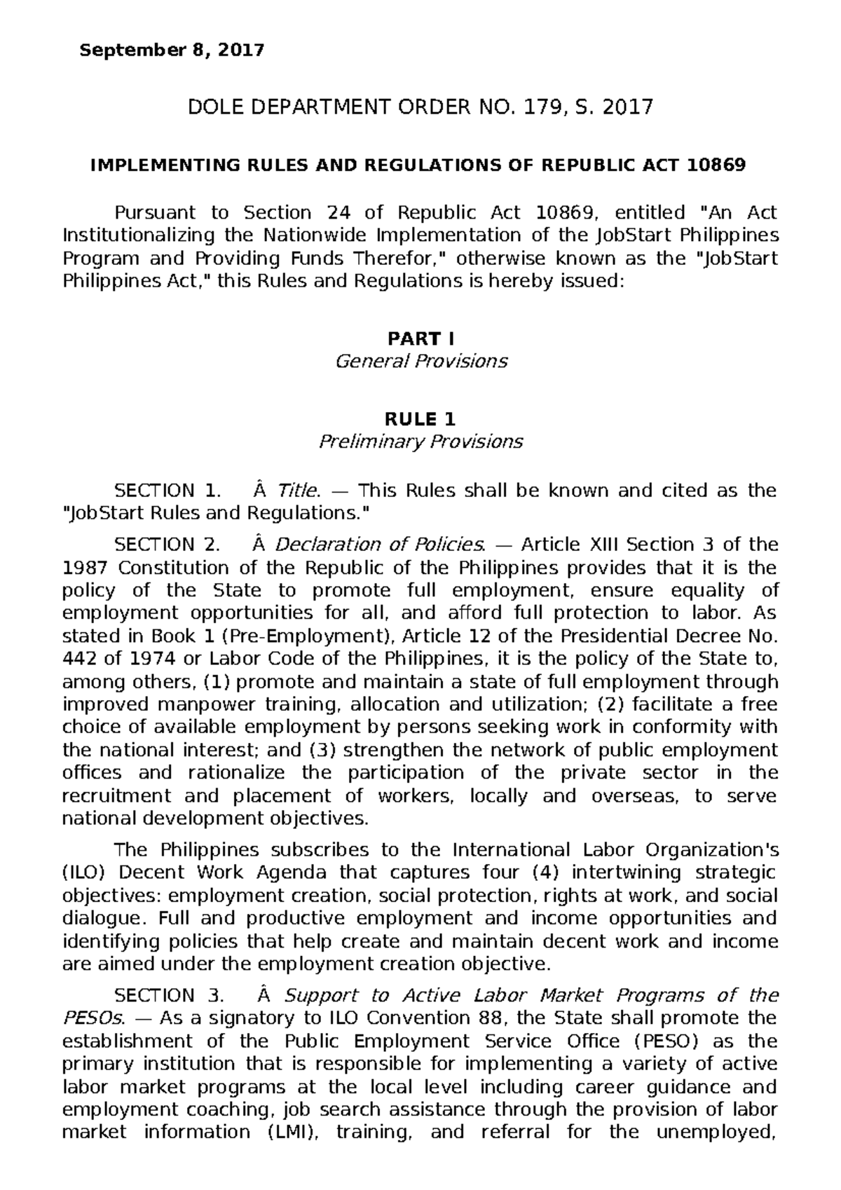 DOLE DO No. 179, S. 2017 - Implementing Rules and Regulations of ...