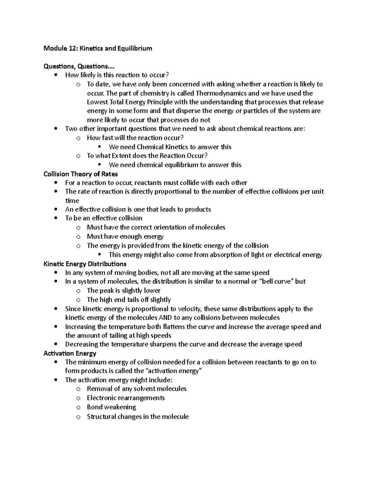Module Twelve . - Module 12: Kinetics and Equilibrium Questions ...