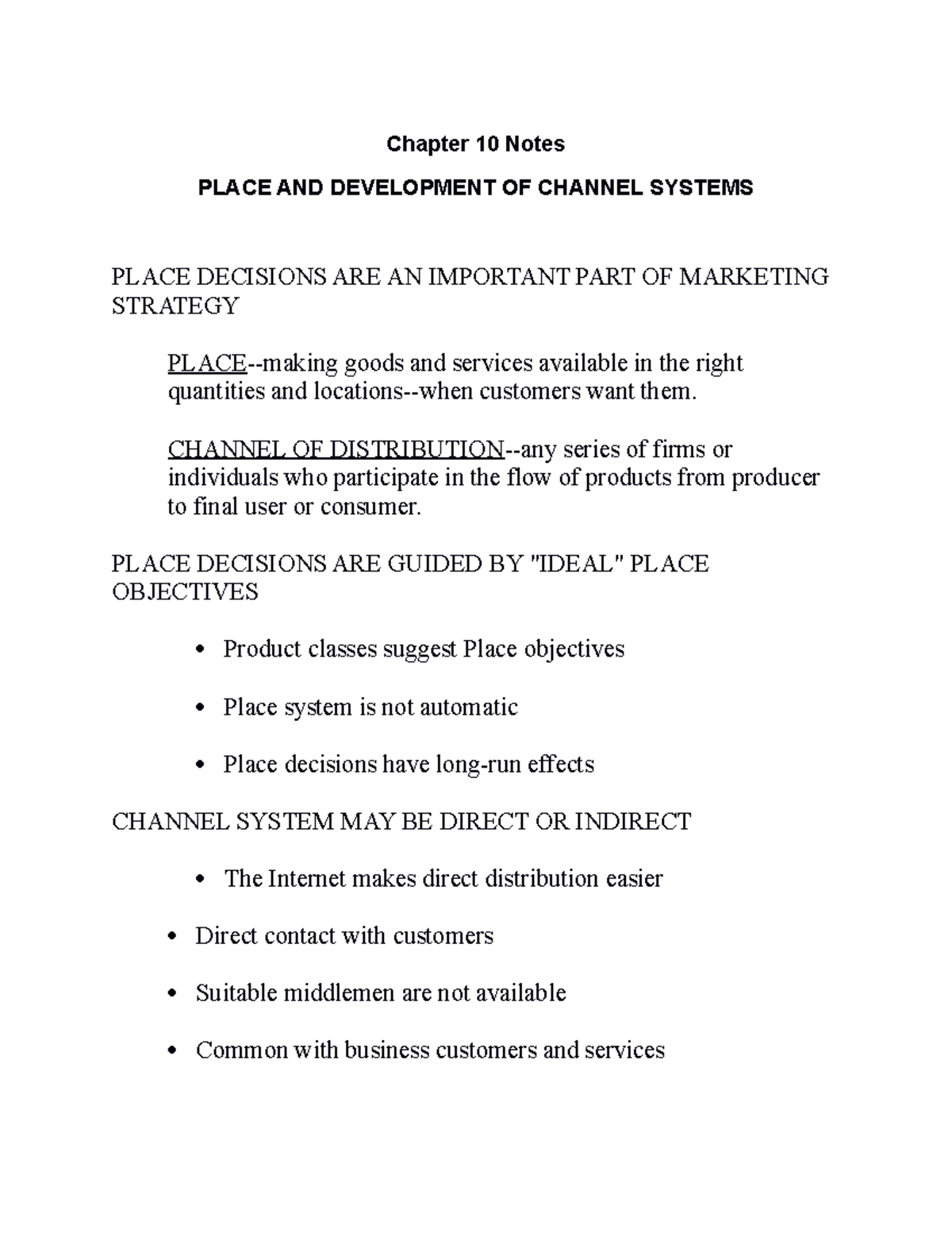 Chapter 10 notes - Chapter 10 Notes PLACE AND DEVELOPMENT OF CHANNEL ...