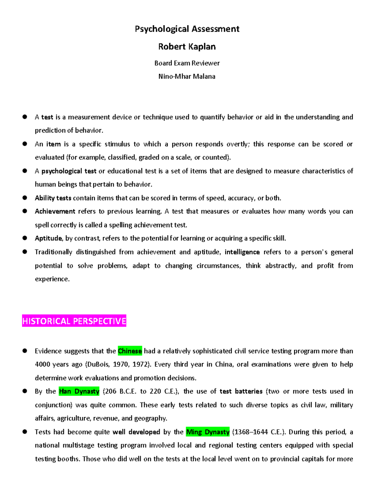 Psychological Assessment Reviewer (Kaplan) - Psychological Assessment ...