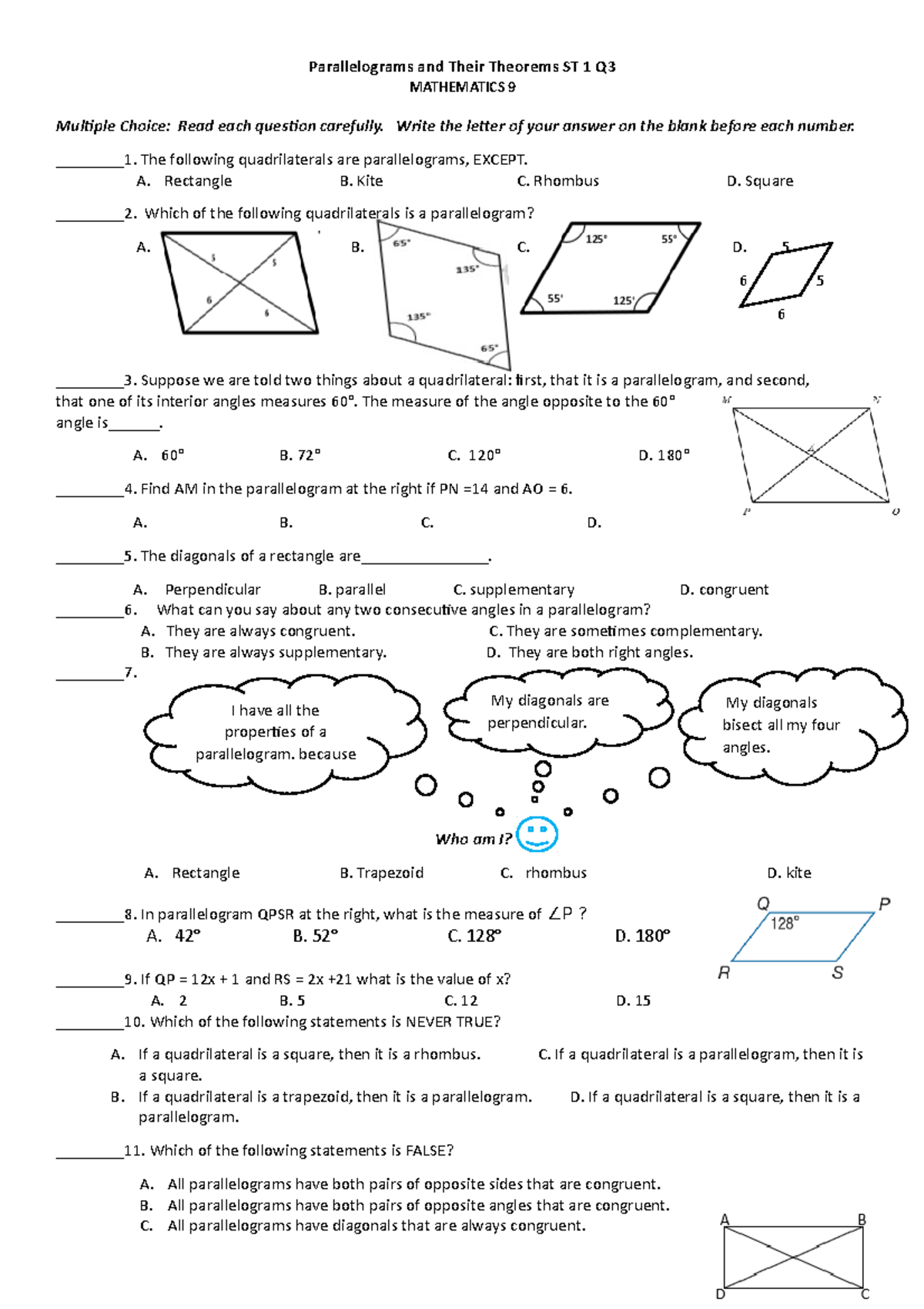 ST - none - Parallelograms and Their Theorems ST 1 Q MATHEMATICS 9 ...