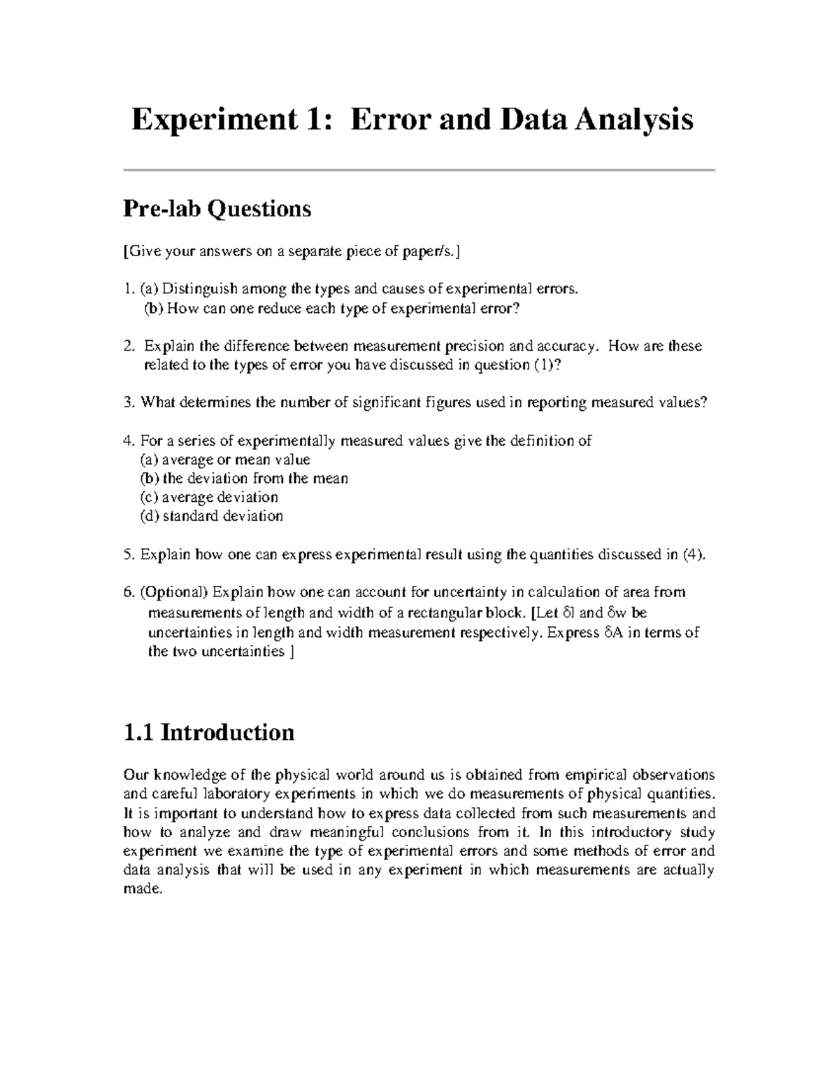 Lab1-Error Analysis - Experiment 1: Error and Data Analysis Pre-lab Questions [Give your answers ...