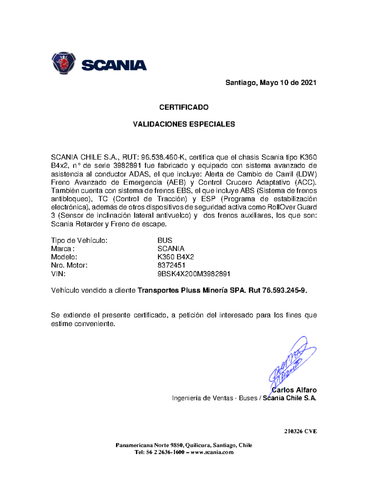 Certificado Validaciones Especiales ADAS b US 69 - 210326 CVE Panamericana Norte 9850, Quilicura ...