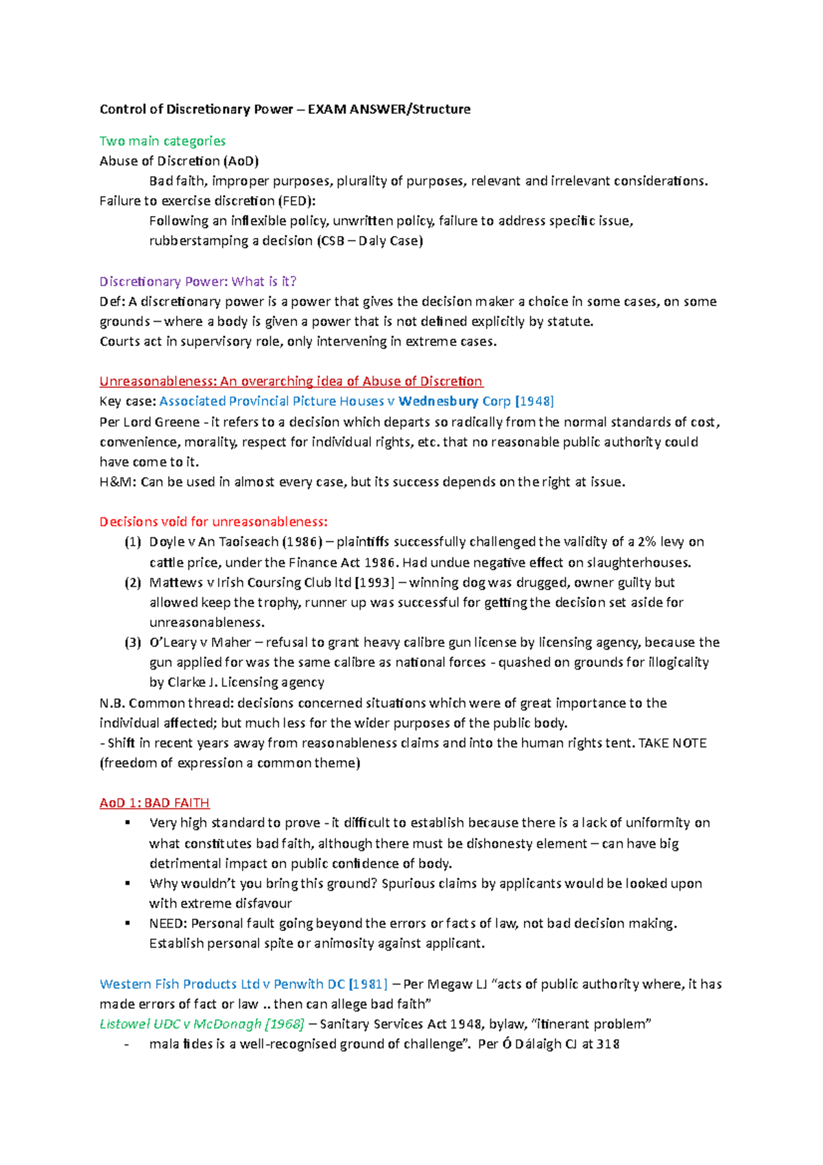 Discretionary Power - Summary - Control of Discretionary Power – EXAM ...