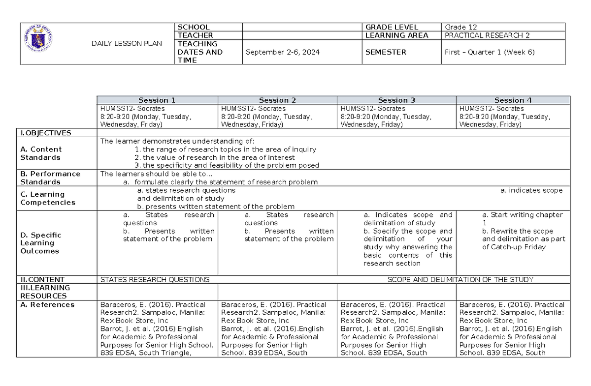 Q1 W6- Practical- Research-2-DLL - DAILY LESSON PLAN SCHOOL GRADE LEVEL Grade 12 TEACHER ...