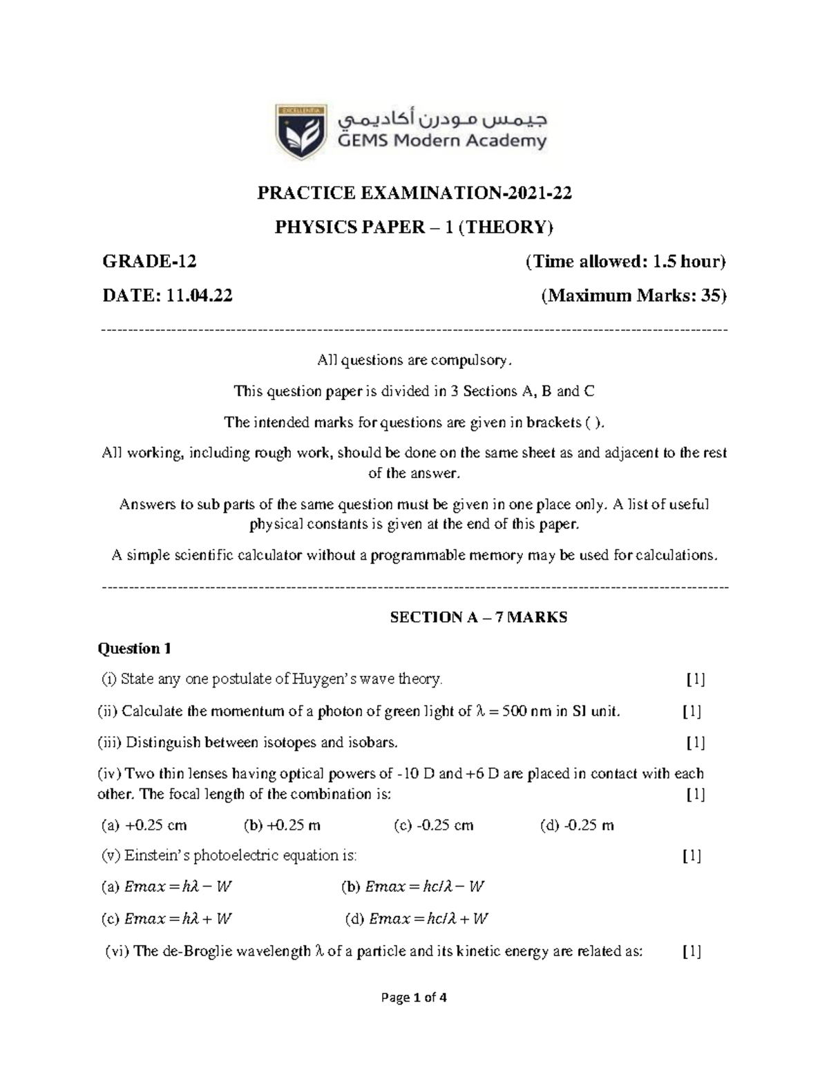 Grade 12 Physics - n/a - PRACTICE EXAMINATION- 2021 - 22 PHYSICS PAPER ...