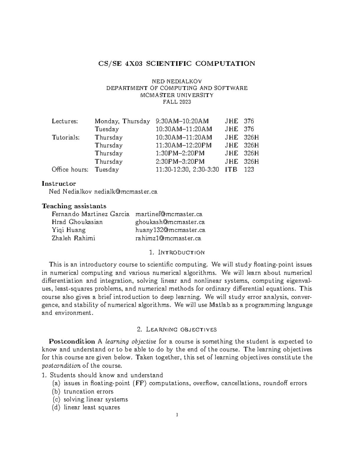 4X03-Outline - Course Outline - CS/SE 4X03 SCIENTIFIC COMPUTATION NED ...