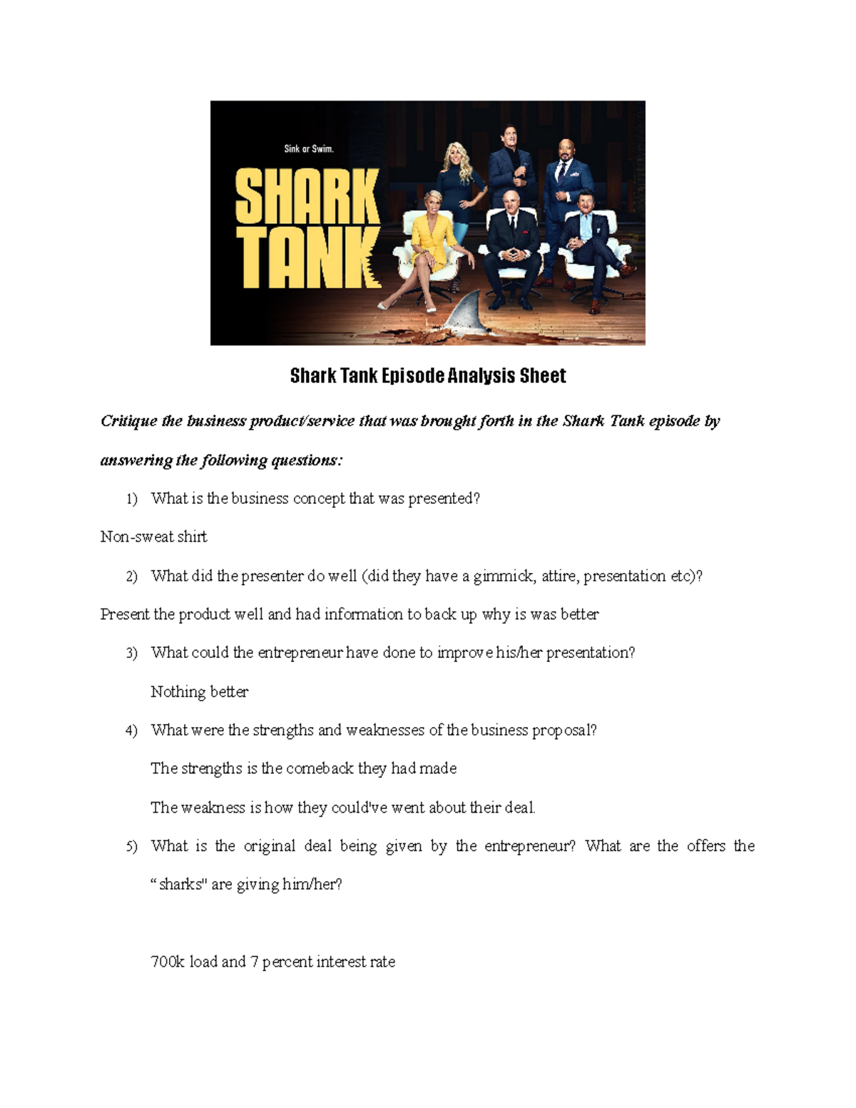 Copy of Shark Tank Episode Analysis Sheet - Shark Tank Episode Analysis ...
