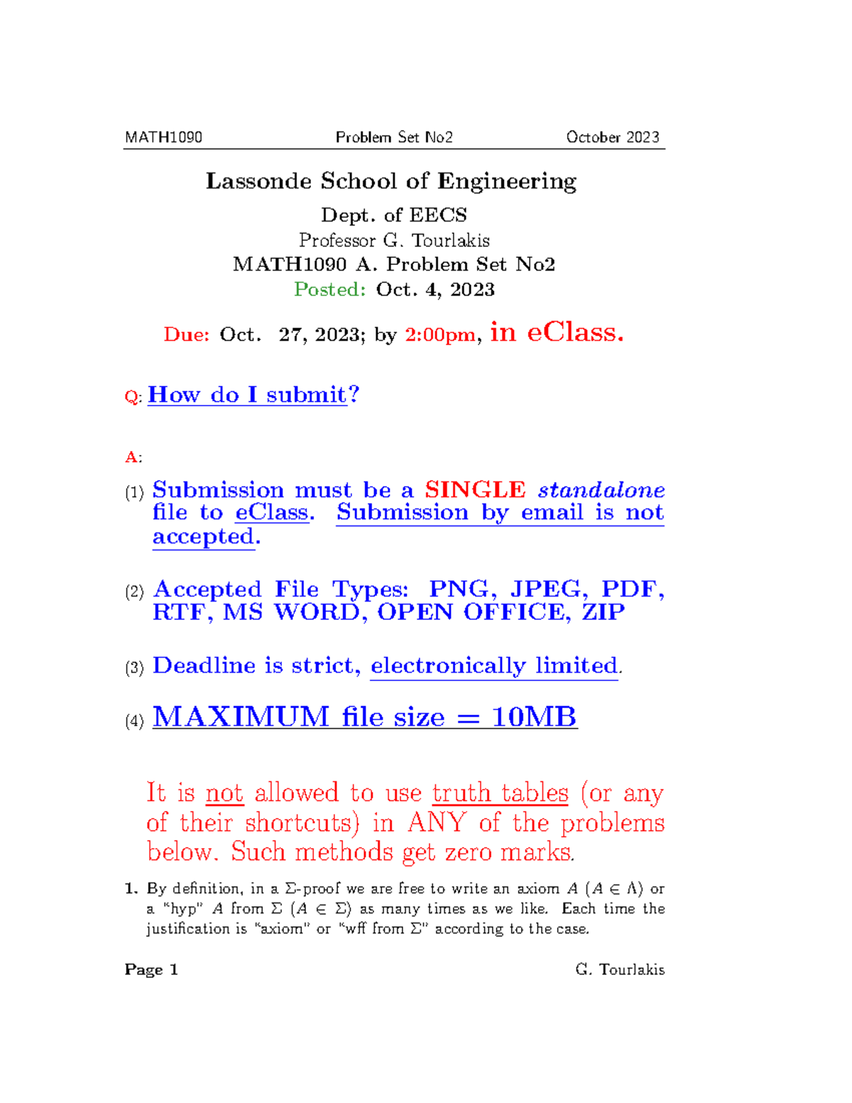 Asg2-F23 - Discrete - MATH1090 Problem Set No2 October 2023 Lassonde School of Engineering Dept ...