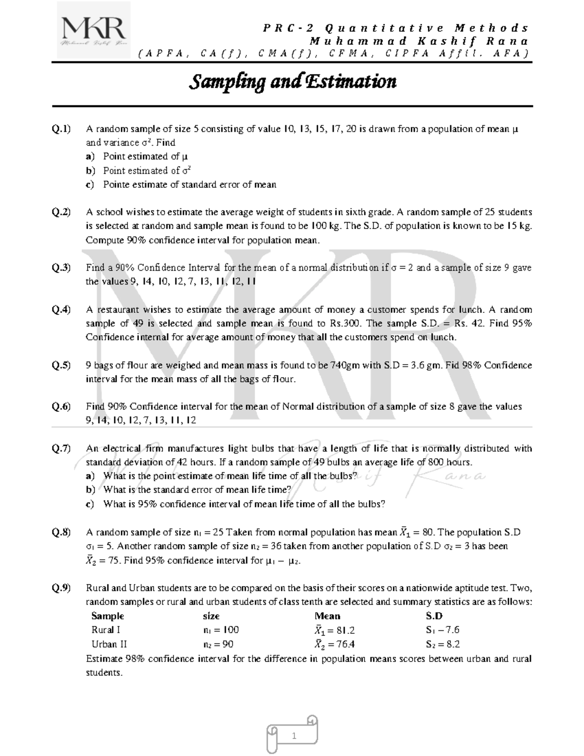 Ch. 13 Sampling and Estimation - P R C - 2 Q u a n t i t a t i v e M e ...