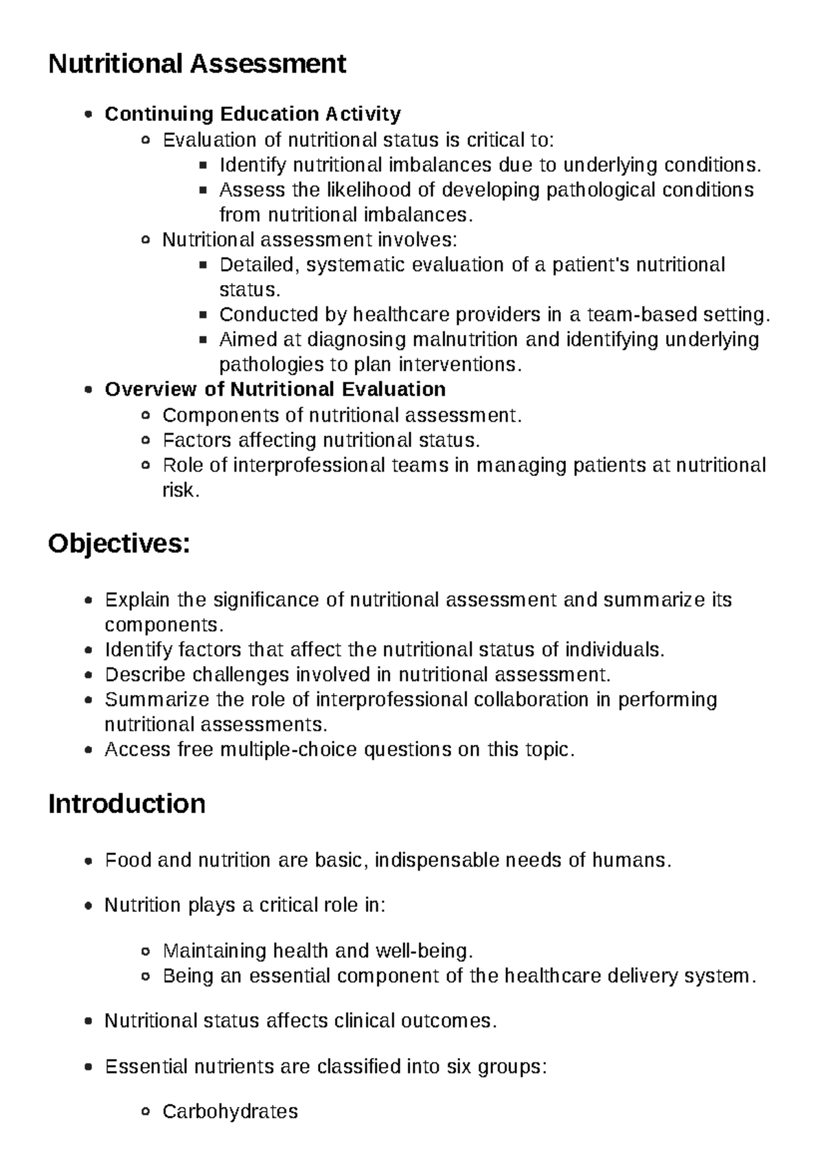 NSG 2317- Detailed Nutritional Assessment Resource (bullet point ...