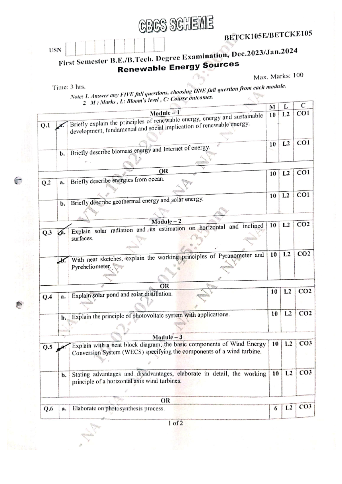 RES VTU Q Papers - CBCS SCHEME USN First Semester Degree Examination ...