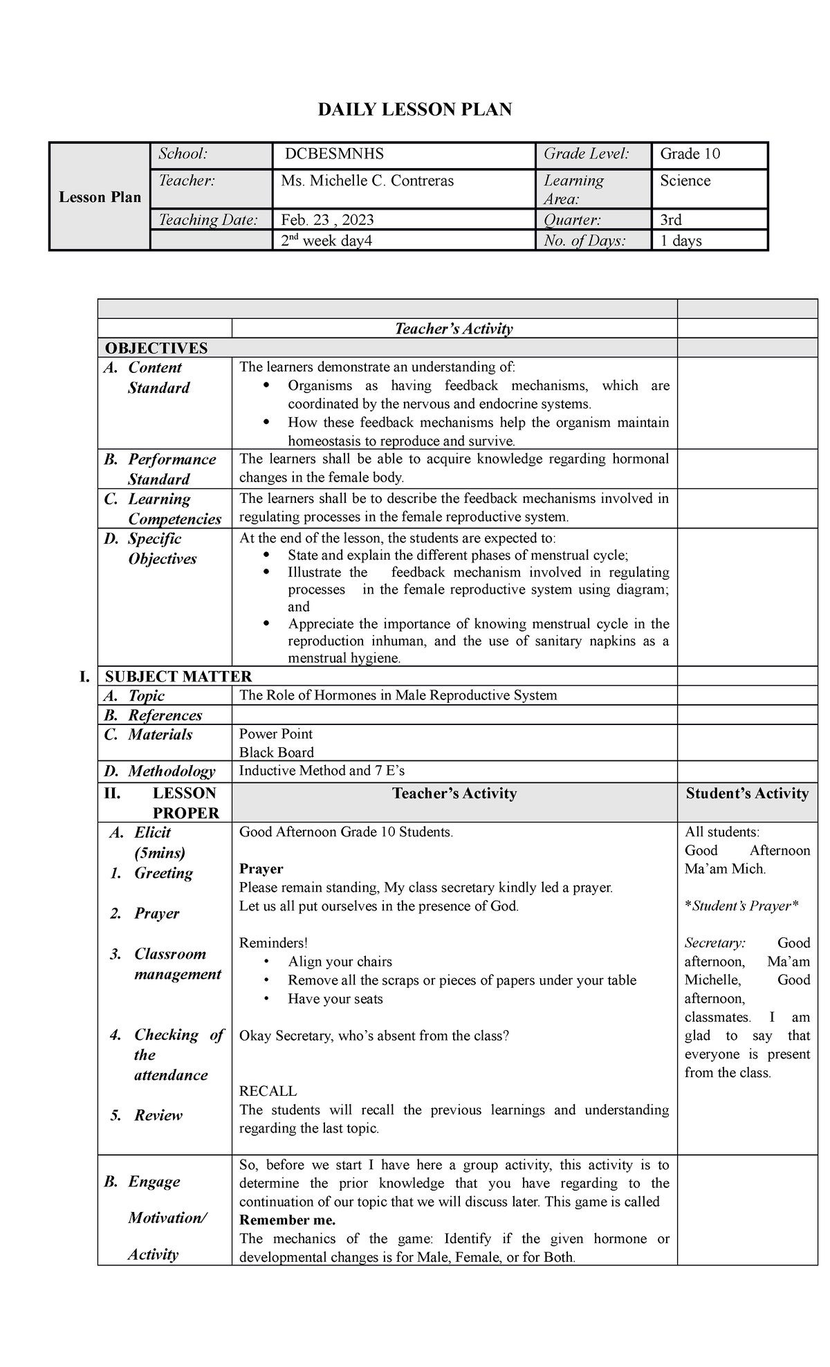 G-10-DLP-Menstrual Cycle Week3 day1 - DAILY LESSON PLAN Lesson Plan ...