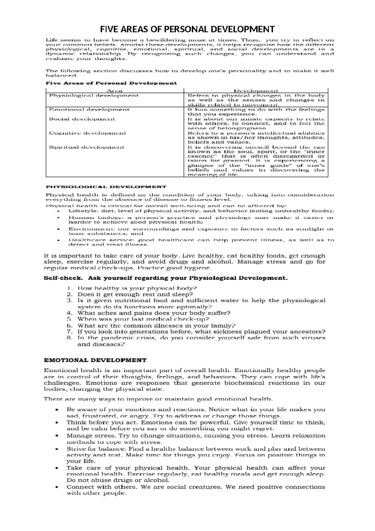 FIVE Areas OF Personal Development - Developmental Psychology - FIVE ...