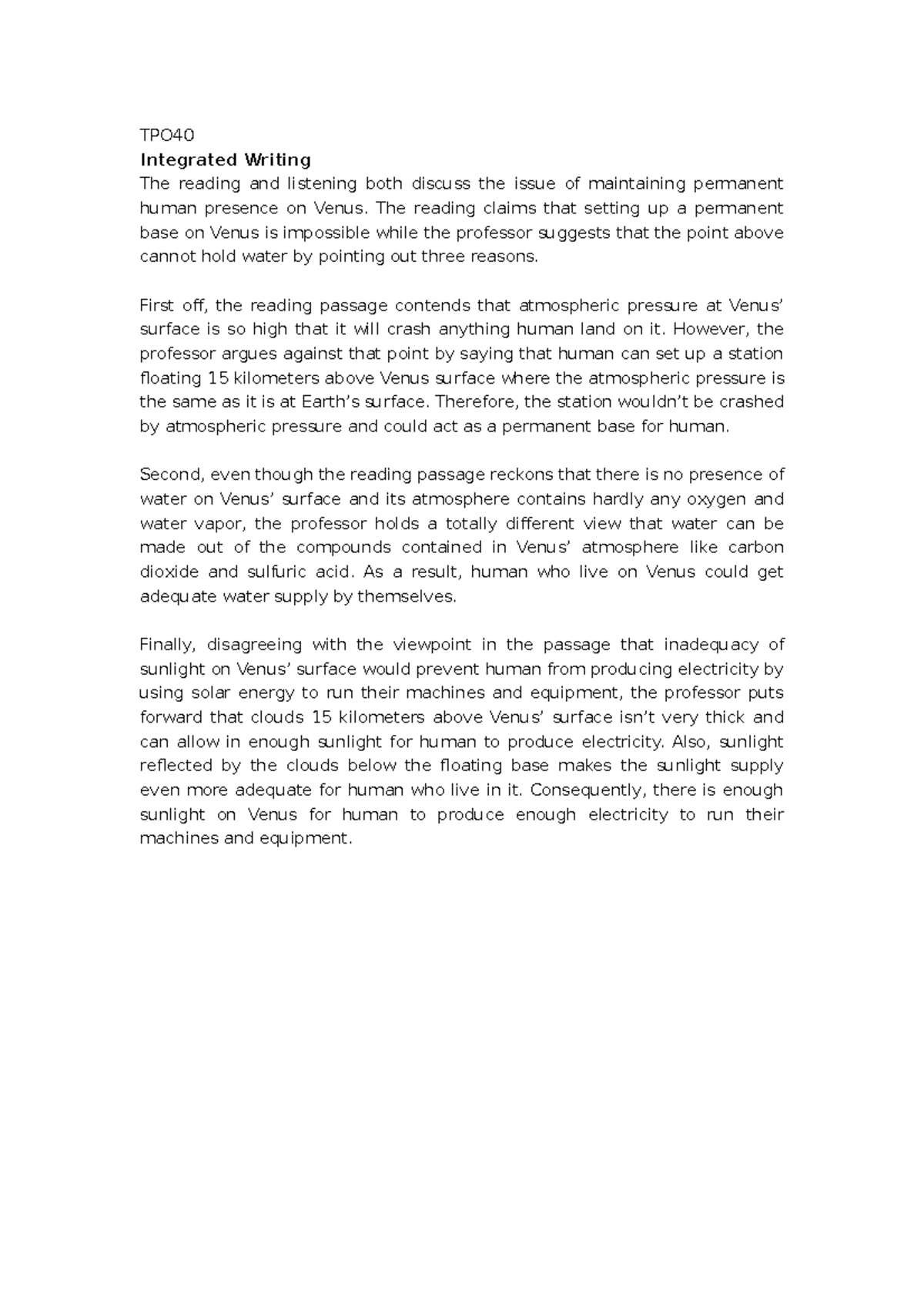 TPO40 - A sample writing - TPO Integrated Writing The reading and ...