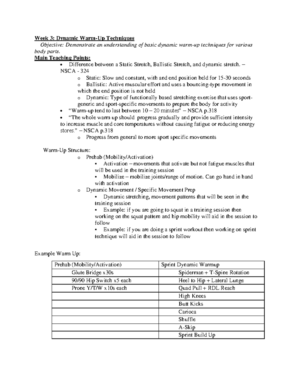Week 3 Class Notes (Dynamic Warmup) - Week 3: Dynamic Warm-Up ...