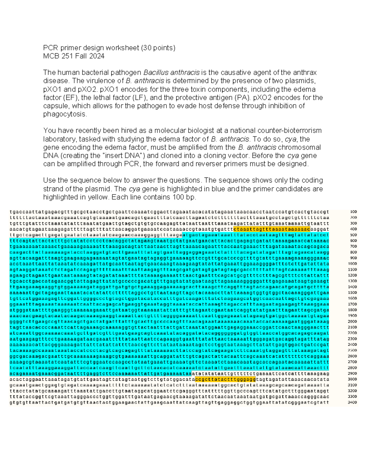MCB 251 FA24 PCR primer design worksheet-4 (1) - PCR primer design ...