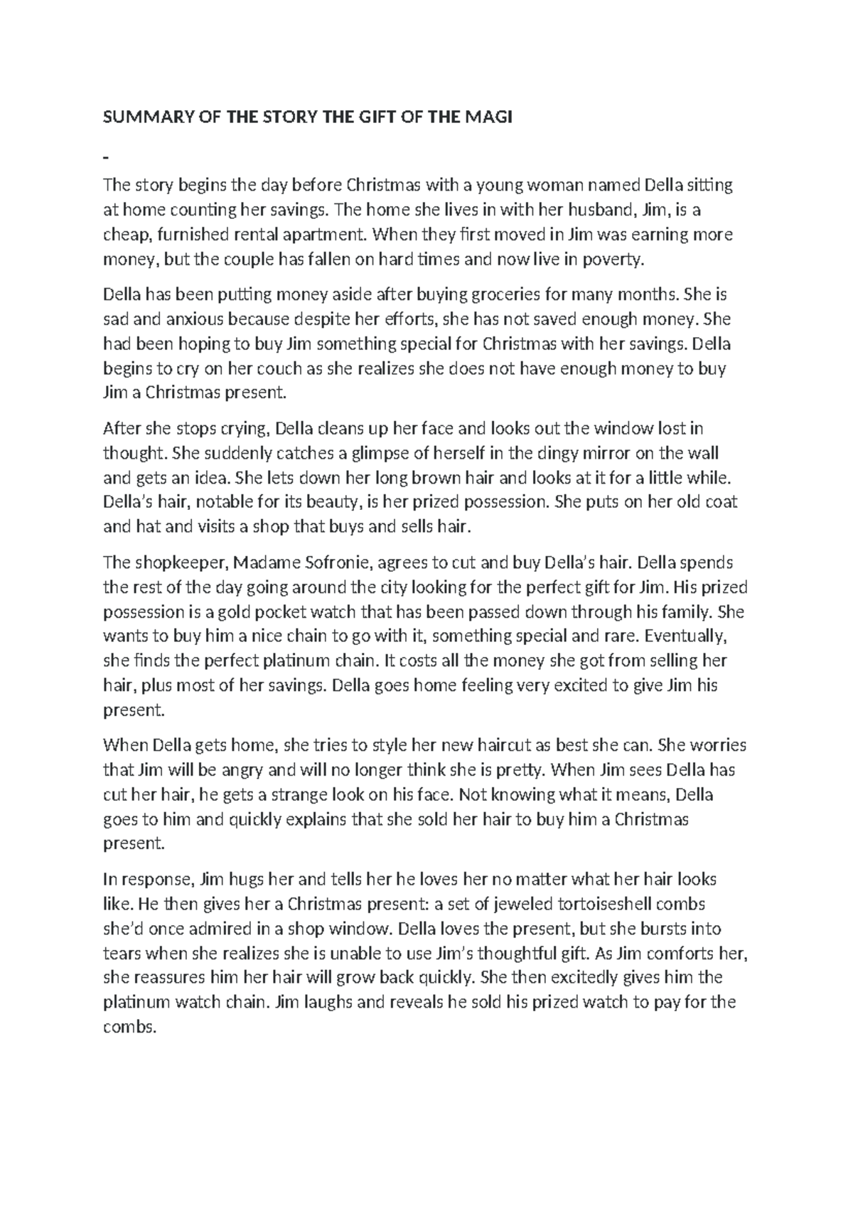 GIFT OF MAGI Summary - SUMMARY OF THE STORY THE GIFT OF THE MAGI The ...