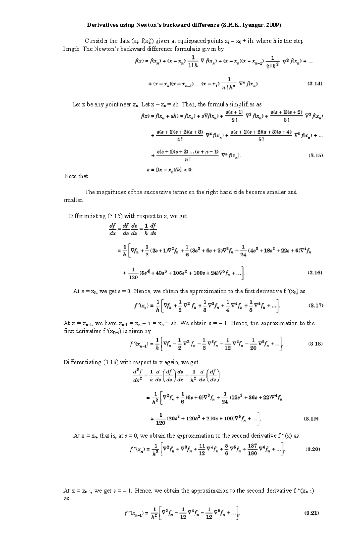Derivatives using Newton’s backward difference (S.R.K. Iyengar, 2009 ...