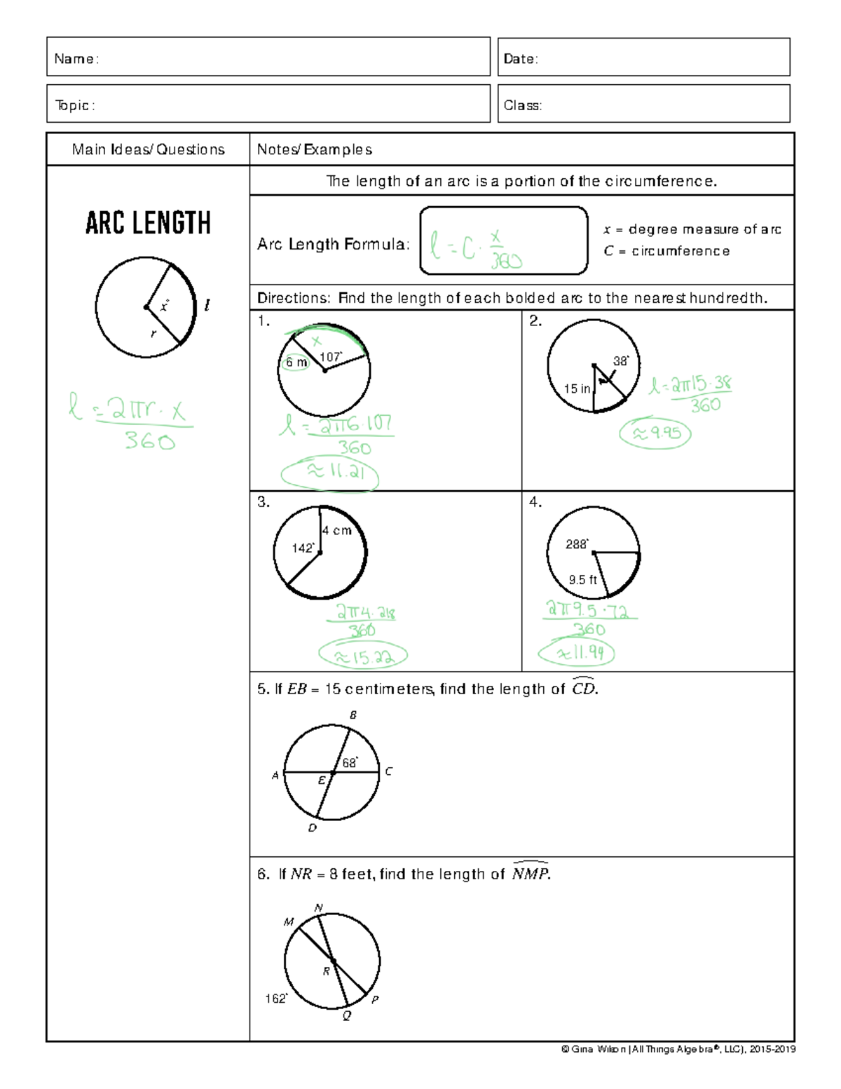 4 10 4+Arc+Length+ Notes - Main Ideas/Questions Notes/Examples Arc ...